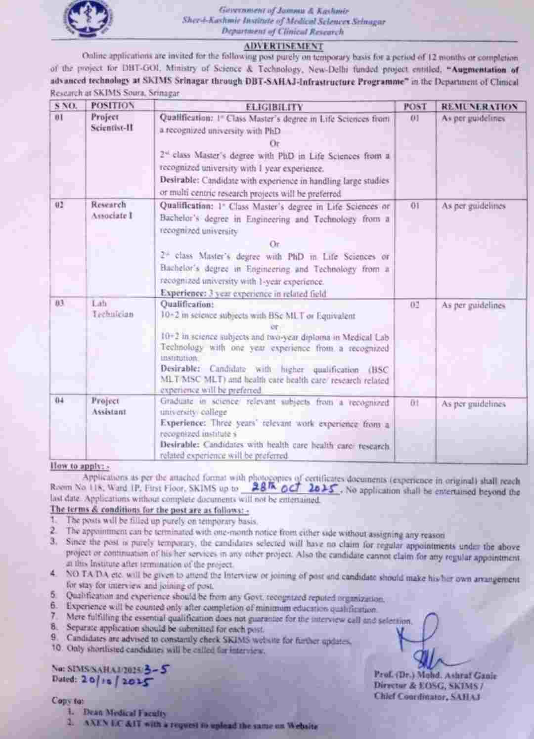 SKIMS Srinagar Recruitment 2025: Apply for Scientist, Research ...
